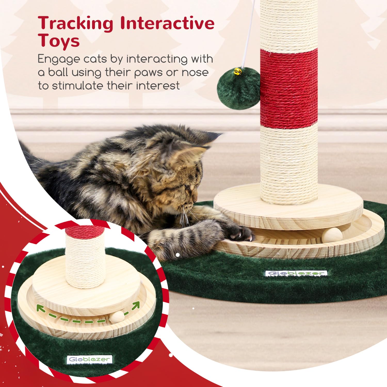 Globlazer Xmas32 Christmas Cat Scratching Posts for Indoor Cats Adults, 32 inch Xmas Cat Scratching Post Cat Scratcher Sisal Large Cat Scratching Post with Modern Wooden Ball Tracking Interactive Toys