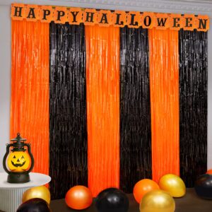 2 pack black and orange tinsel foil fringe curtains, halloween party photo backdrop streamers backdrop for birthday anniversary party halloween party decoration