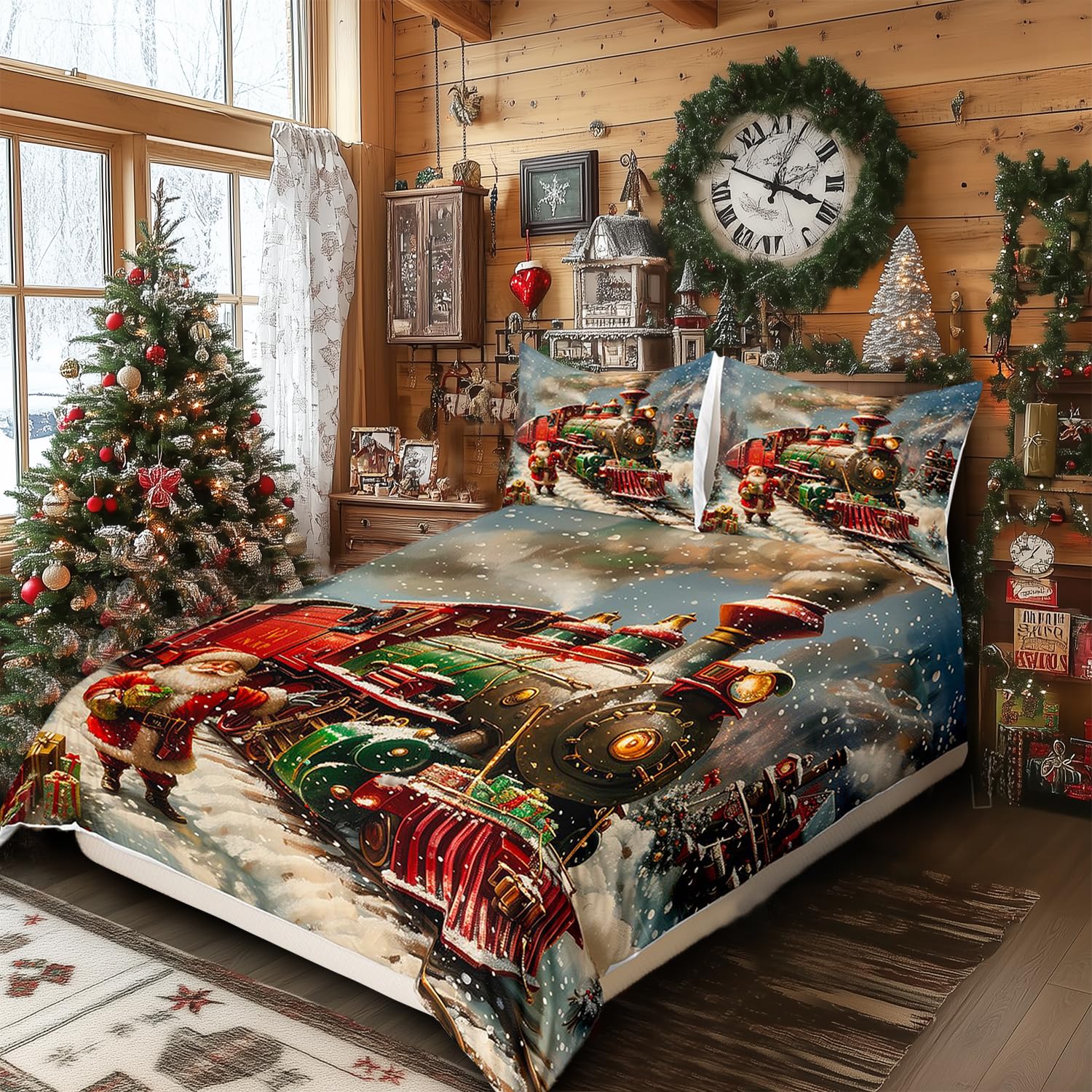 Retro Train Kids Duvet Cover Set Full Size,Snowflake Merry Christmas Santa Claus Bedding Set,Girls Boys Women Room Decor,Choochoo Steam Locomotive Country Quilt Cover,2 Pillowcases(No Comforter)