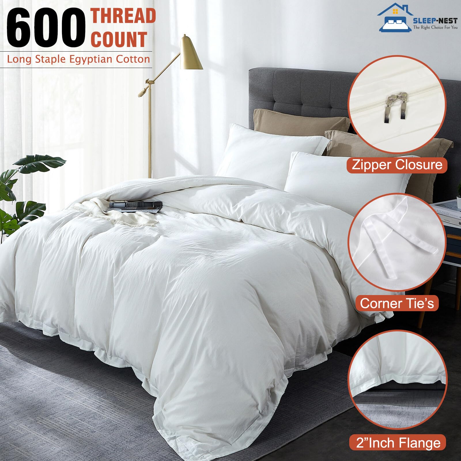 SLEEP-NEST Alaskan Size Duvet Cover Only, 600 Thread Count Oversized King Plus 132 x 120 Inch Luxurious 1 Piece Comforter Cover 100% Cotton with Zipper Closure - 2" Decorative Flange, White