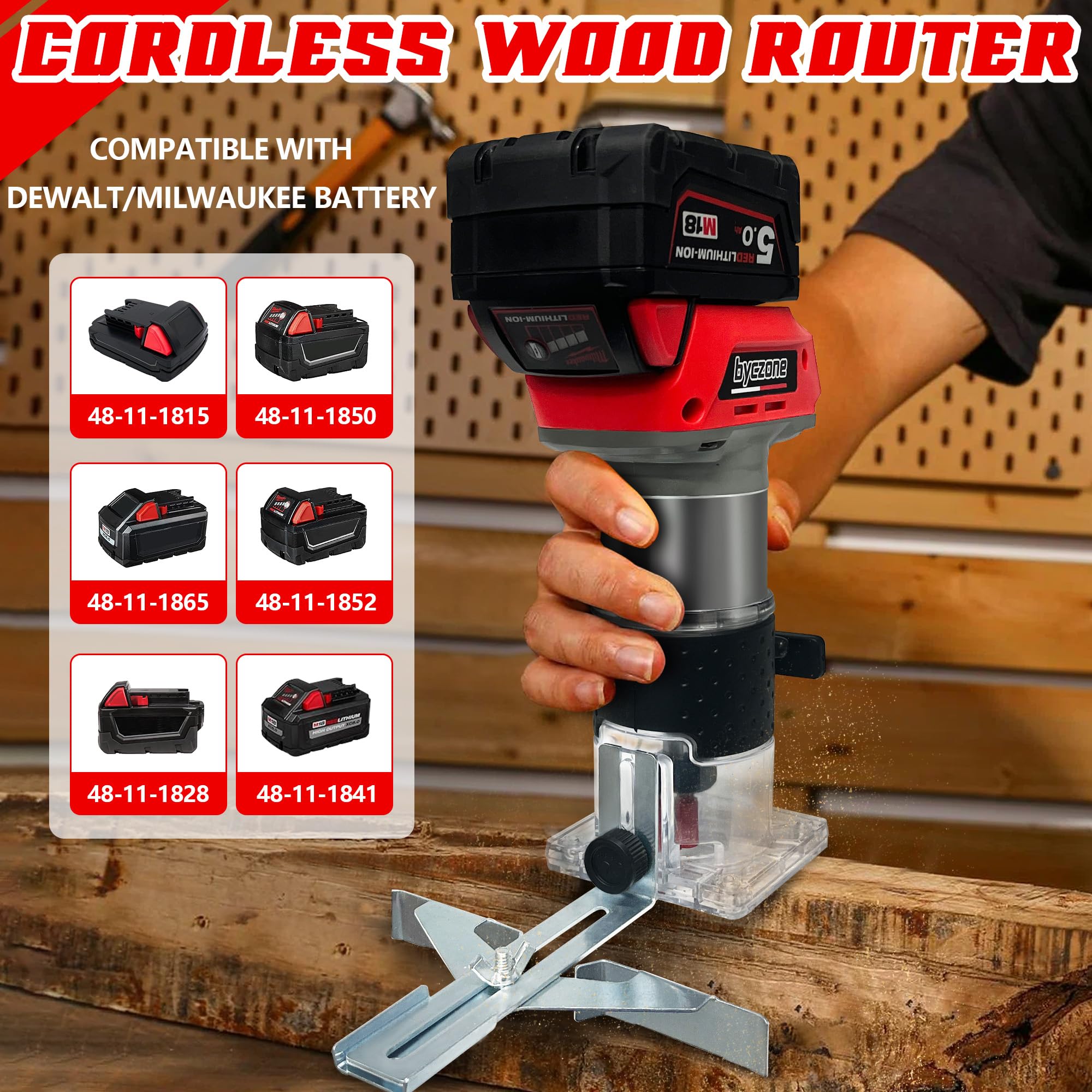 800W Cordless Wood Router Compatible With Milwaukee 18V Battery,30000RPM Brushless Motor Router Attach 15PCS 1/4" Router Bits,6 Speeds Hand Trim Router,Edge Guide,Roller Guide,(NO Battery)