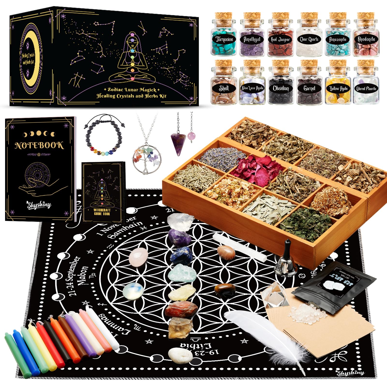 Witchcraft Supplies Kit, 80Pack Witch Starter Kit Wiccan Supplies and Tools Witchy Gifts for Beginners, Spell Candles, Chakra Healing Crystals and Dried Herbs for Zodiac and Lunar Magick