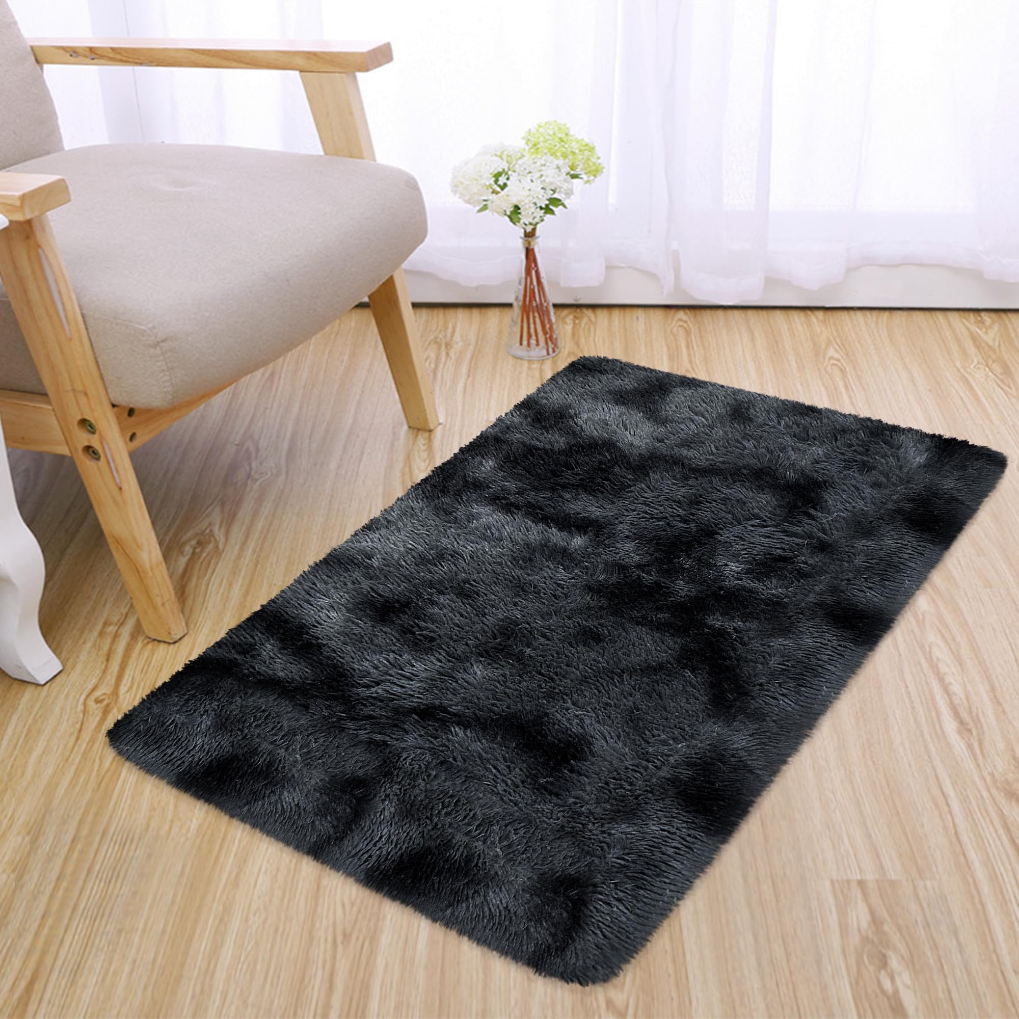 Fixseed Small Area Rug 2x3 Black Rugs for Bedroom Mini Rug for Living Room Soft Fluffy Rug Mat Bedside Throw Rug for Girls Bedroom Kawaii Room Kids Room Boys Teens Nursery Decor Non Slip Fuzzy Rug