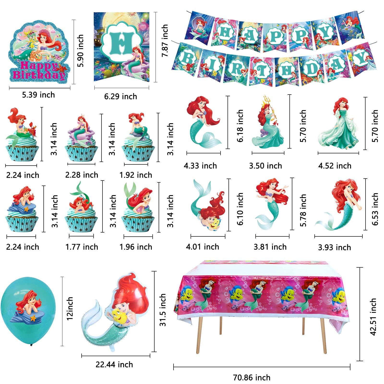 Ariel Birthday Party Supplies, Party Decorations Set Include Banner, Tablecloth, Balloons, Hanging Swirls, Cake Cupcake Toppers for Girls Little Mermaid Party Decorations