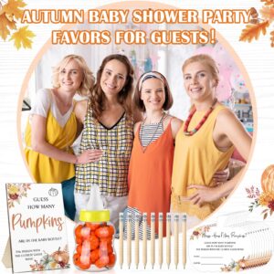 Seenelling 152 Pcs Fall Baby Shower Games Guess How Many Pumpkins Game Stand Sign 100 Pumpkins Guessing Cards 20 Pencils 1 Large Baby Bottle 30 Pumpkins for Guests Gender Reveal Party Game Decorations