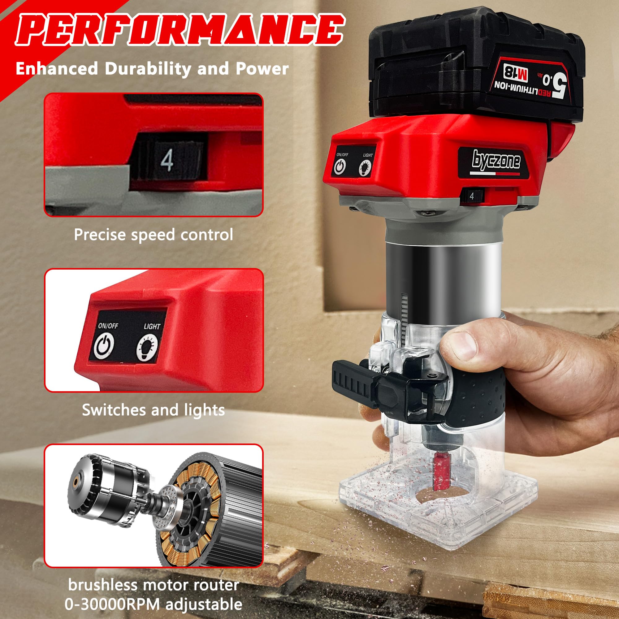 800W Cordless Wood Router Compatible With Milwaukee 18V Battery,30000RPM Brushless Motor Router Attach 15PCS 1/4" Router Bits,6 Speeds Hand Trim Router,Edge Guide,Roller Guide,(NO Battery)