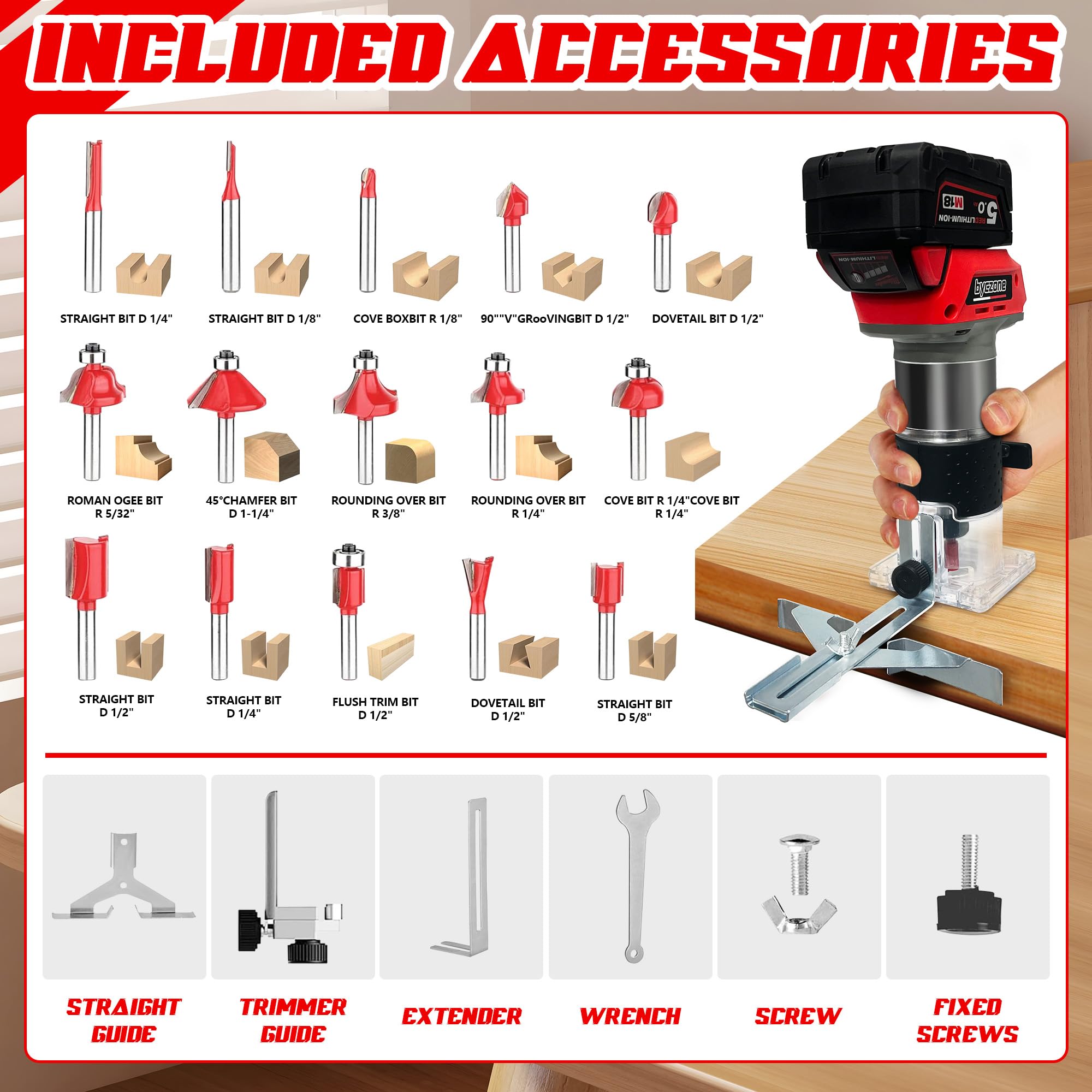 800W Cordless Wood Router Compatible With Milwaukee 18V Battery,30000RPM Brushless Motor Router Attach 15PCS 1/4" Router Bits,6 Speeds Hand Trim Router,Edge Guide,Roller Guide,(NO Battery)