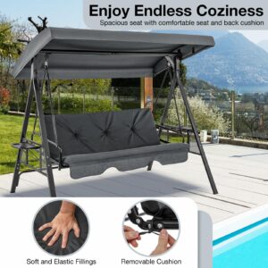 Tangkula 3 Person Porch Swing, 2-in-1 Convertible Patio Swing Bed with Adjustable Canopy, 2 Cup Holder Table, Soft Seat & Back Cushions, Outdoor Swing for Backyard, Garden, 1000 lbs Max Load (Grey)