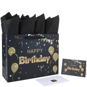 13” large black happy birthday gift bag set with handles, greeting card, tissue papers and stickers for women girls men boys, balloons design, 1 pcs