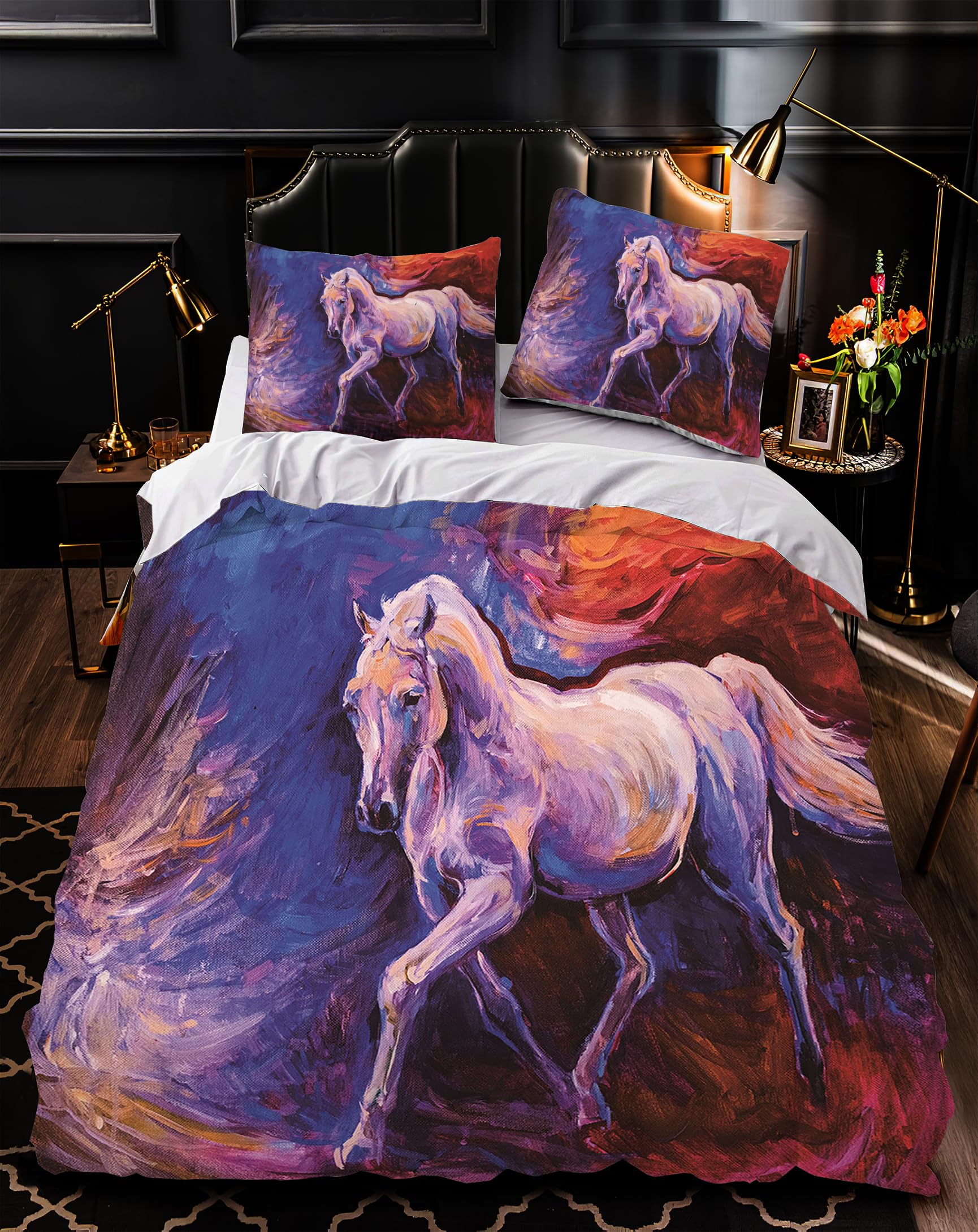 EIANLAI Horse Bed Duvet Cover Set, Wild Animal Themed Bed 3 Piece Duvet Cover Set for Kids, Teens, Boys, Girls Room Decor, includes 1 Duvet Cover and 2 Pillow Cases - Queen