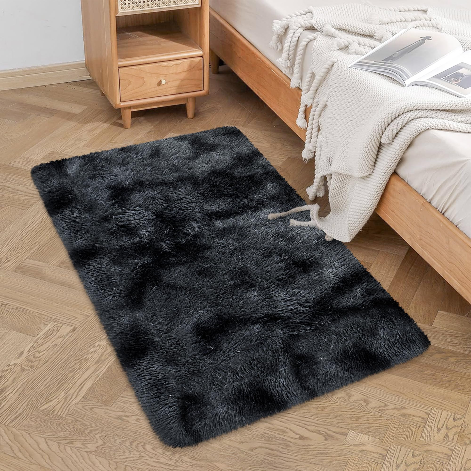 Fixseed Small Area Rug 2x3 Black Rugs for Bedroom Mini Rug for Living Room Soft Fluffy Rug Mat Bedside Throw Rug for Girls Bedroom Kawaii Room Kids Room Boys Teens Nursery Decor Non Slip Fuzzy Rug