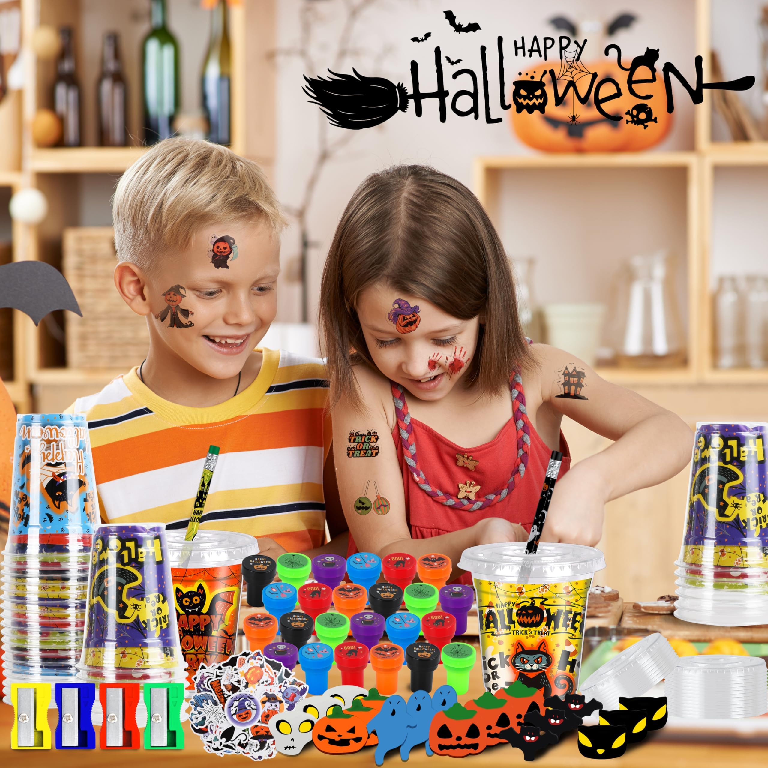 292 Pcs Halloween Party Favors, 24 Packs Stationery Supplies Set with Pencils Erasers Sharpeners Rulers Notepads Stampers Cups, Halloween Treats Goodie Bag Fillers for kids gifts, Classroom Prizes