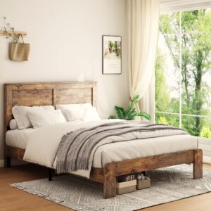 samtra wooden bed frame king size with headboard, farmhouse platform bedframe with wood slat support, sturdy framework bed frame, easy assembly (rustic brown)