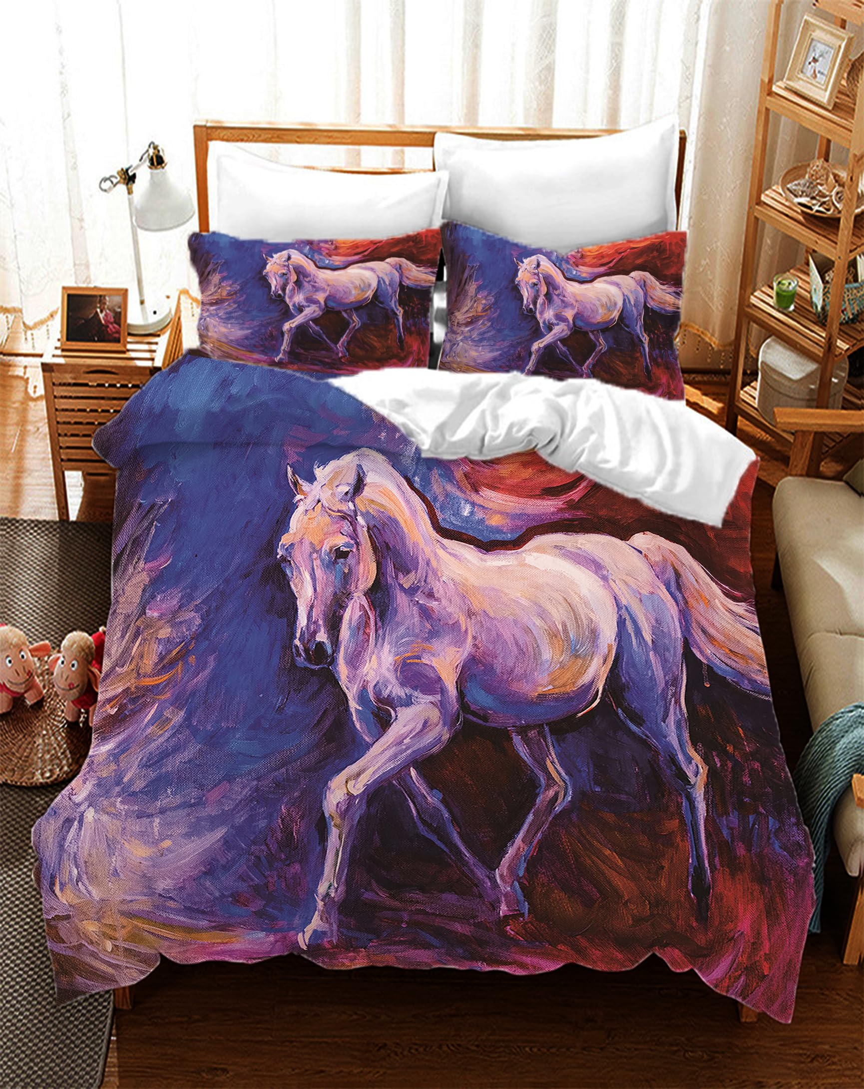 EIANLAI Horse Bed Duvet Cover Set, Wild Animal Themed Bed 3 Piece Duvet Cover Set for Kids, Teens, Boys, Girls Room Decor, includes 1 Duvet Cover and 2 Pillow Cases - Queen