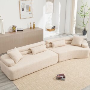 Modular Sectional Sofa, 139" Modern Minimalist Upholstered Curved Sofa Couch with 4 Pillows, 2 Piece Combination 4 Seater Sofa for Living Room Apartment Bedroom Office, No Assembly Required (Khaki)