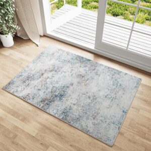 wondrg 2x3 washable area rug blue gold abstract modern entryway kitchen non slip low pile thin throw rug living room bedroom indoor doormat small soft carpet for entrance bathroom dining room