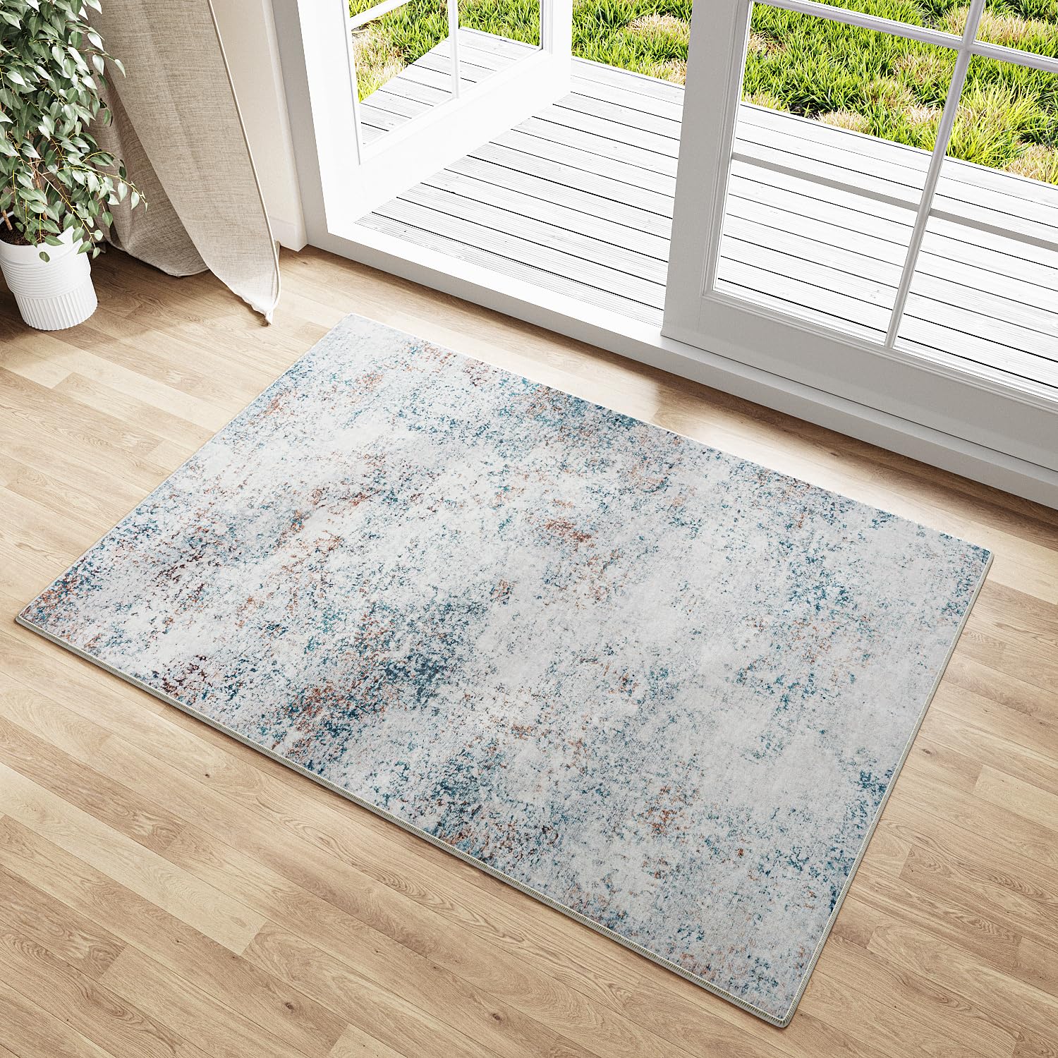 WondRg 2x3 Washable Area Rug Blue Gold Abstract Modern Entryway Kitchen Non Slip Low Pile Thin Throw Rug Living Room Bedroom Indoor Doormat Small Soft Carpet for Entrance Bathroom Dining Room