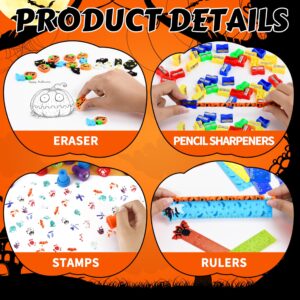 292 Pcs Halloween Party Favors, 24 Packs Stationery Supplies Set with Pencils Erasers Sharpeners Rulers Notepads Stampers Cups, Halloween Treats Goodie Bag Fillers for kids gifts, Classroom Prizes