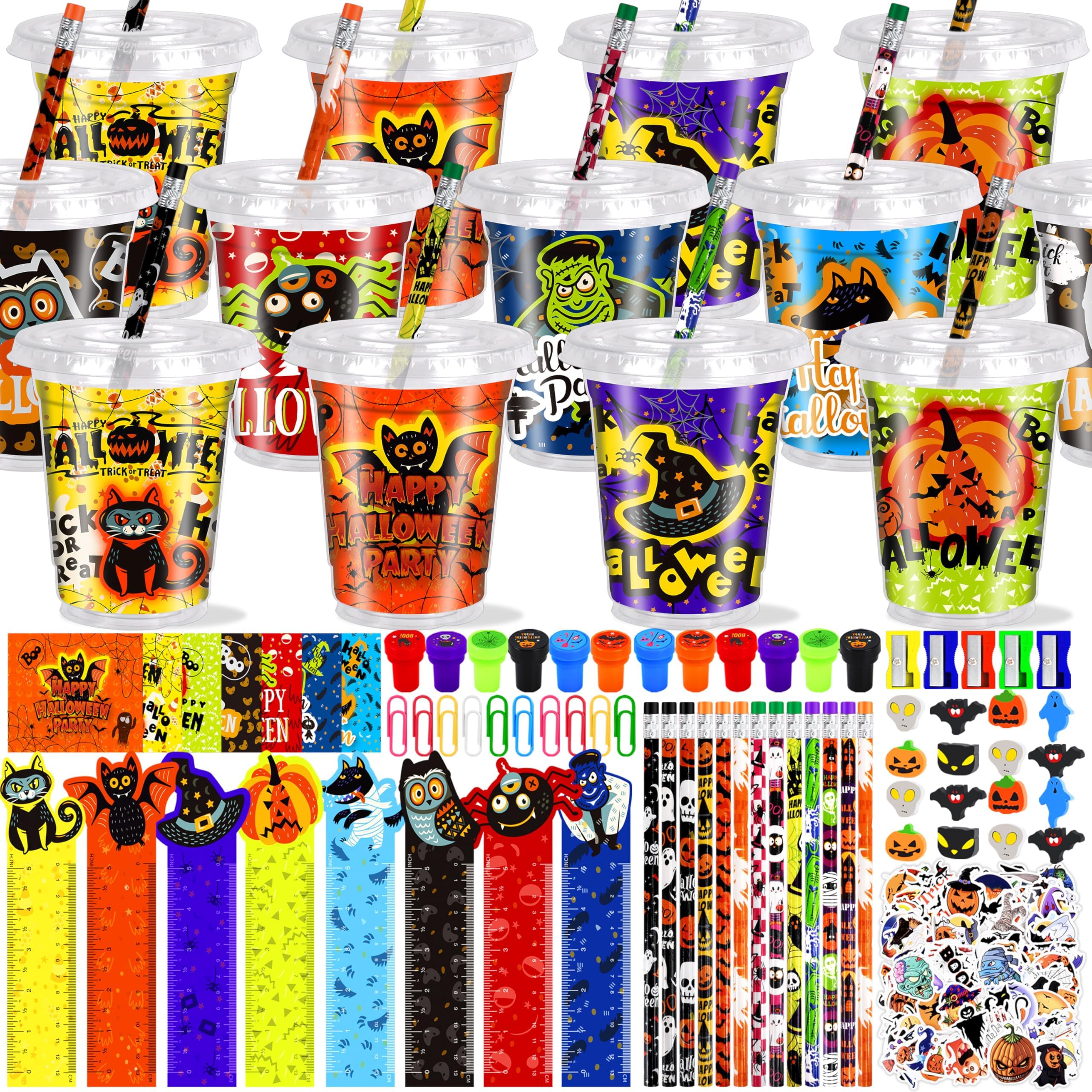 292 Pcs Halloween Party Favors, 24 Packs Stationery Supplies Set with Pencils Erasers Sharpeners Rulers Notepads Stampers Cups, Halloween Treats Goodie Bag Fillers for kids gifts, Classroom Prizes