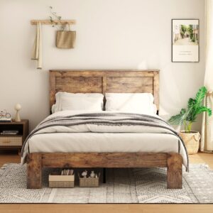 SAMTRA Wooden Bed Frame King Size with Headboard, Farmhouse Platform Bedframe with Wood Slat Support, Sturdy Framework Bed Frame, Easy Assembly (Rustic Brown)