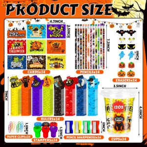 292 Pcs Halloween Party Favors, 24 Packs Stationery Supplies Set with Pencils Erasers Sharpeners Rulers Notepads Stampers Cups, Halloween Treats Goodie Bag Fillers for kids gifts, Classroom Prizes