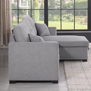 Generic Sleeper Sofa, Sofa Bed- 2 in 1 Pull Out Couch Bed with Storage Chaise with 2 Pillows for Living Room, Linen Fabric Sofa Sleeper with Pull Out Bed Couch,Light Grey