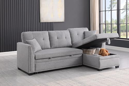 Generic Sleeper Sofa, Sofa Bed- 2 in 1 Pull Out Couch Bed with Storage Chaise with 2 Pillows for Living Room, Linen Fabric Sofa Sleeper with Pull Out Bed Couch,Light Grey