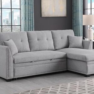 Generic Sleeper Sofa, Sofa Bed- 2 in 1 Pull Out Couch Bed with Storage Chaise with 2 Pillows for Living Room, Linen Fabric Sofa Sleeper with Pull Out Bed Couch,Light Grey