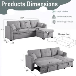 Generic Sleeper Sofa, Sofa Bed- 2 in 1 Pull Out Couch Bed with Storage Chaise with 2 Pillows for Living Room, Linen Fabric Sofa Sleeper with Pull Out Bed Couch,Light Grey