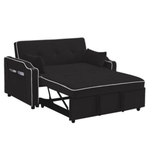 garveehome 3-in-1 multi-functional velvet sleeper couch pull-out bed, loveseat sofa chaise lounge with cupholder, usb port, side pocket, 2 pillows and adjustable backrest, for living room, black