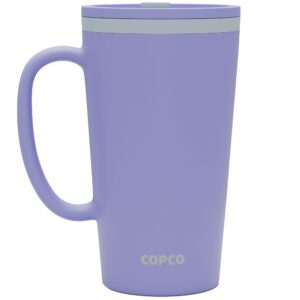 copco cone 16oz insulated travel mug with handle, double wall, slide-closure lid, bpa-free, microwave & dishwasher safe, reusable plastic travel coffee tumbler - portable coffee cup (light purple)