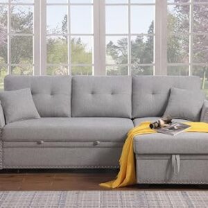 Generic Sleeper Sofa, Sofa Bed- 2 in 1 Pull Out Couch Bed with Storage Chaise with 2 Pillows for Living Room, Linen Fabric Sofa Sleeper with Pull Out Bed Couch,Light Grey