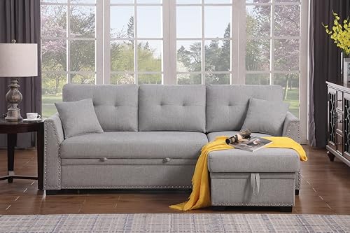 Generic Sleeper Sofa, Sofa Bed- 2 in 1 Pull Out Couch Bed with Storage Chaise with 2 Pillows for Living Room, Linen Fabric Sofa Sleeper with Pull Out Bed Couch,Light Grey