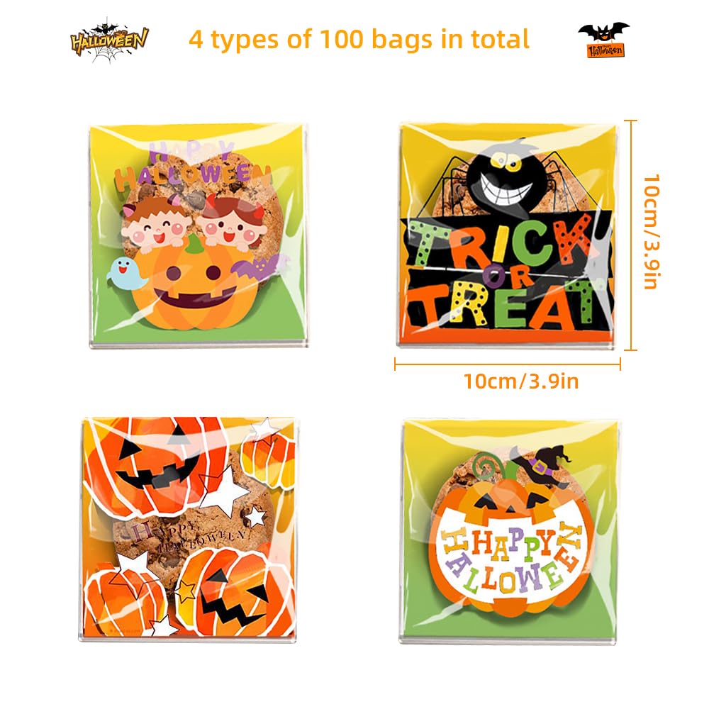 100 PCS Small Halloween Cellophane Treat Bags,Halloween Clear Self Adhesive Candy Bags,Halloween Plastic Cookie Bags for Trick or Treat, Halloween Goodie Bags for Party Favor Supplies