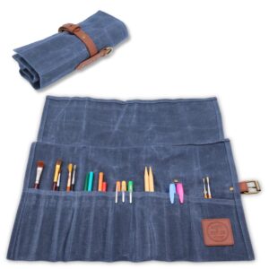 earth & fiber co. compact waxed canvas paint brush holder - portable art bag for painting & drawing - art supplies organizer - storage roll bag for artists (blue)