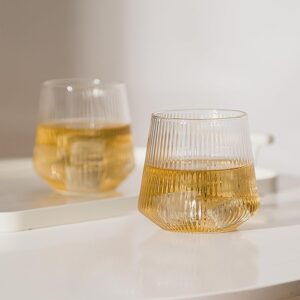 OMYOPY 20 Pack Stemless Ribbed Wine Glasses for Parties, 14oz Origami Style Ridged Drinking Glasses Tumbler, Drinking Party Cups Disposable & Reusable for Cocktails, Whiskey, Wedding