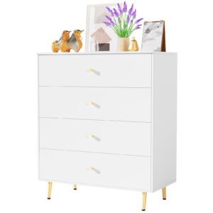 greenvelly white 4 drawer dresser, 44” tall modern dressers with golden metal legs, white dressers with 4 drawers, wood storage chest of drawers for bedroom, living room