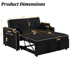 GarveeHome 3-in-1 Multi-Functional Velvet Sleeper Couch Pull-Out Bed, Loveseat Sofa Chaise Lounge with Cupholder, USB Port, Side Pocket, 2 Pillows and Adjustable Backrest, for Living Room, Black