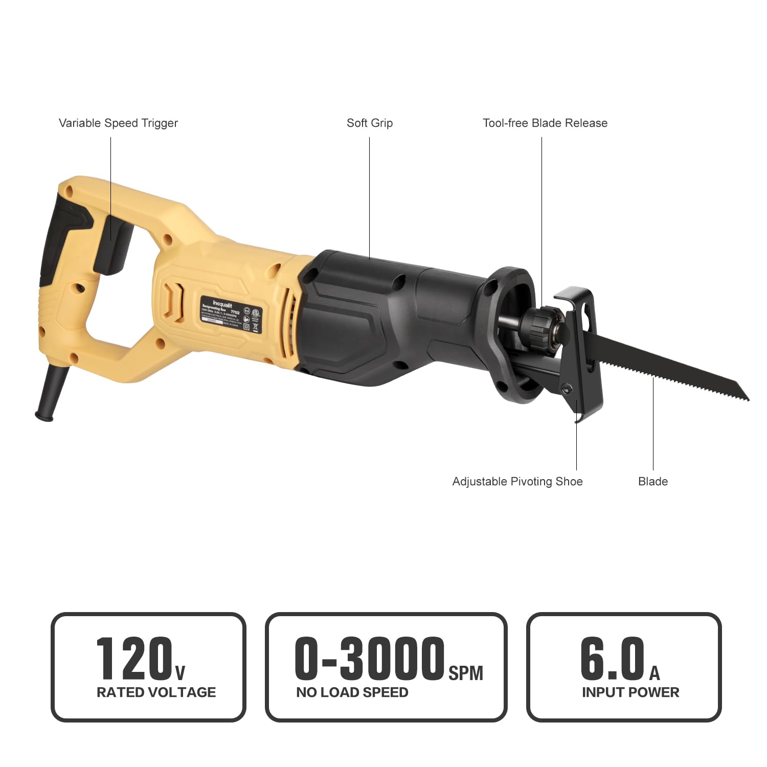 Inequalit 6Amp Reciprocating Saw, 3000SPM Variable Speed Corded Reciprocating Saw with 4/5" Stroke Length, 4-1/2" Max Cutting Depth for Wood, Soft Metal, and PVC Pipes Cutting