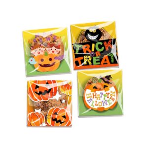 100 pcs small halloween cellophane treat bags,halloween clear self adhesive candy bags,halloween plastic cookie bags for trick or treat, halloween goodie bags for party favor supplies