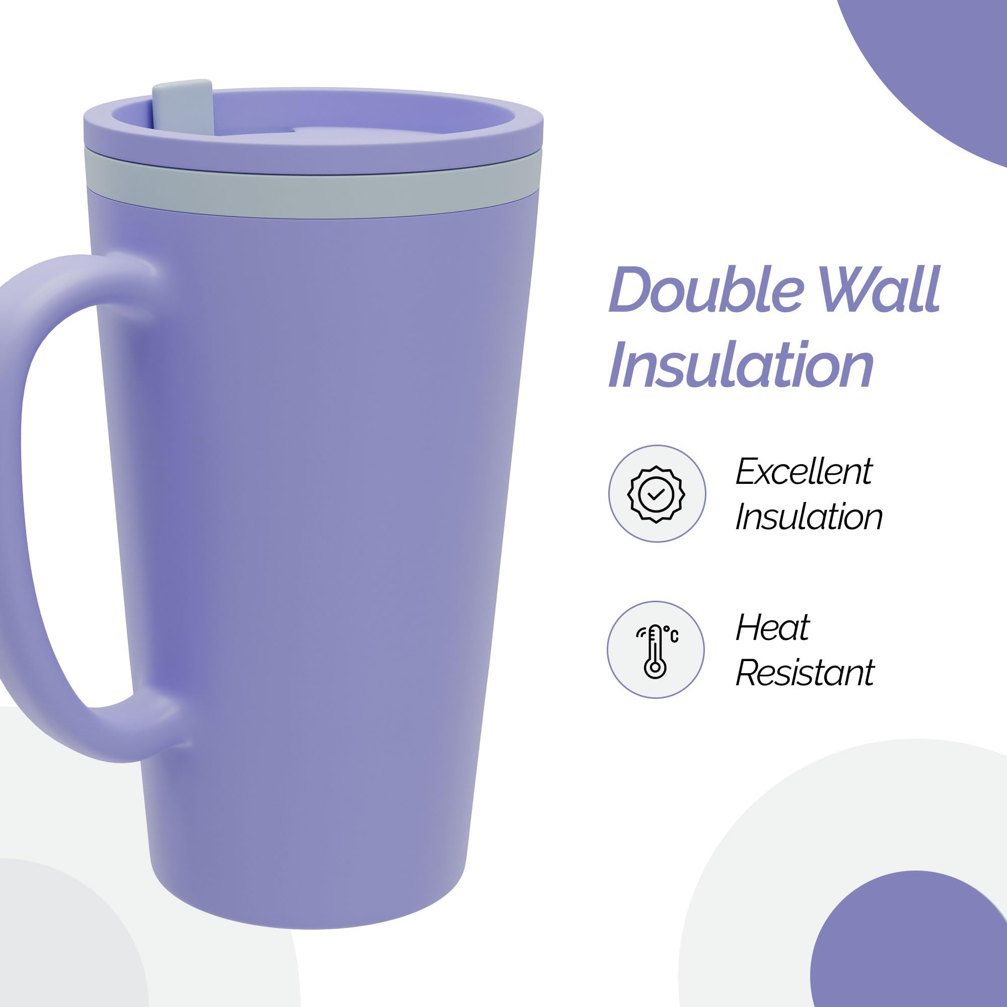 Copco Cone 16oz Insulated Travel Mug with Handle, Double Wall, Slide-Closure Lid, BPA-Free, Microwave & Dishwasher Safe, Reusable Plastic Travel Coffee Tumbler - Portable Coffee Cup (Light Purple)