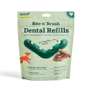 woof - bite n' brush refills for the dog toothbrush toy - scrub plaque and tartar from your dog's teeth and mouth - dog dental chew toy treats - approximately 16 refills