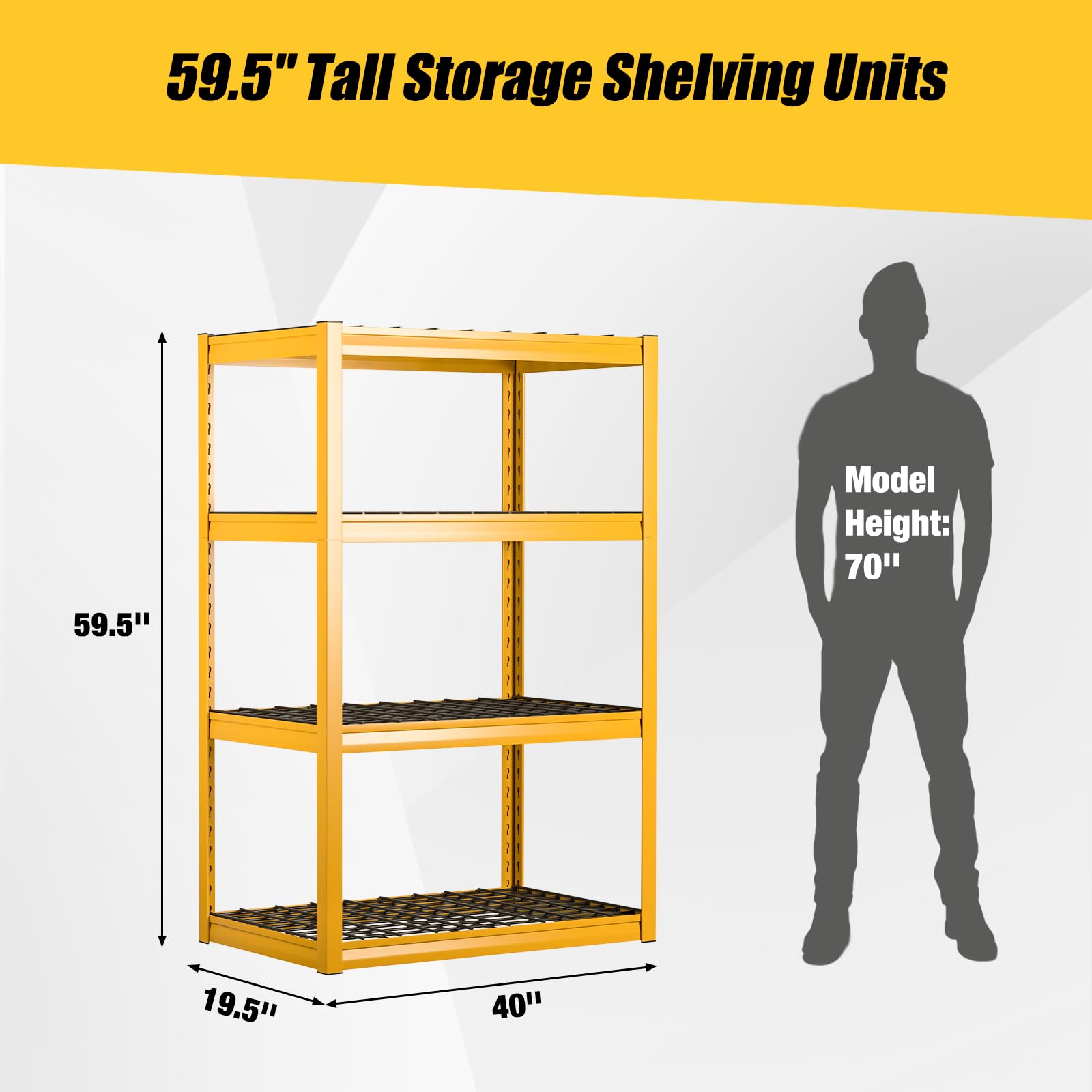 TRISENSE 40" W Garage Shelving Heavy Duty Storage Shelves Load 2400LBS Heavy Duty Shelving Adjustable 4 Tier Wire Metal Shelves for Storage Rack Pantry Shelf Industrial Shelving, Yellow