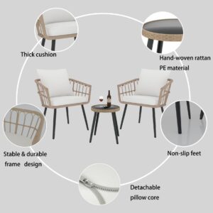 3 Pieces Patio Bistro Set All-Weather Wicker Ratan Conversation Set Outdoor Furniture Chairs w Glass Top Coffee Table and 2 Thick Cushions for Porch Backyard Lawn Poolside (White Cushion)