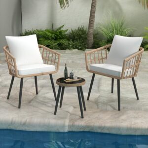 3 Pieces Patio Bistro Set All-Weather Wicker Ratan Conversation Set Outdoor Furniture Chairs w Glass Top Coffee Table and 2 Thick Cushions for Porch Backyard Lawn Poolside (White Cushion)