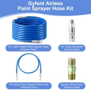 Gyfent 50Ft x 1/4" Airless Paint Sprayer Hose, 8500PSI High Pressure Airless Paint Spray Hose with 5Ft Whip Hose & 1/4" Hose Connector & Sprayer Swivel Joint for Airless Spraying Machine