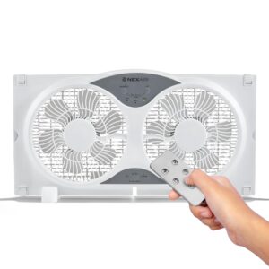 nexair 9" twin window fan with remote control, 3 speed bedroom window fan reversible airflow exhaust and intake quiet operation, fan window easy to install seals with built-in panels extending 24"-37"