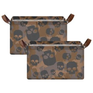 Skulls Camouflage Halloween Storage Bins for Shelves Waterproof Closet Storage Organizer with Leather Handles Foldable Storage Baskets Box for Organization Clothes Blankets 16.9x11.4x10 Inch