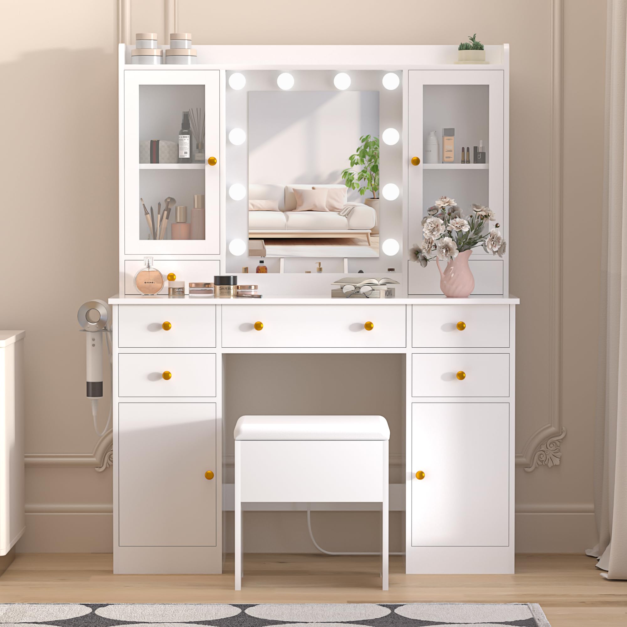 yesasin Makeup Vanity Desk with Mirror and Lights, White Vanity with Charging Station & Vanity Chair, LED Light Vanity Table Set with Storage 7 Drawers and 4 Cabinet for Bedroom, Dressing Bedroom