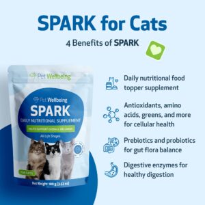 Pet Wellbeing Spark Daily Nutritional Greens Superfood for Cats - Probiotics, Prebiotics, Digestive Enzymes, Amino Acids, Antioxidants, Vitamin D, Spirulina - Veterinarian-Formulated 3.53 oz (100 g)